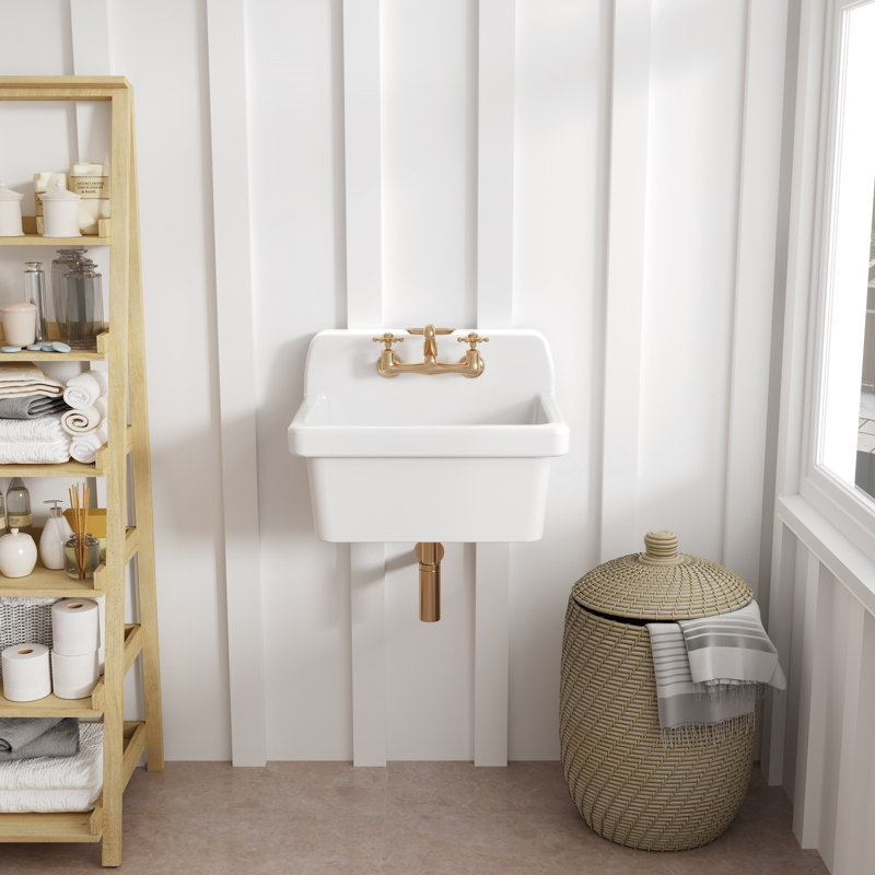 ELLAI 30” White Wall Mount Utility Sink High Back Ceramic Laundry Tub for Garage, Kitchen ...